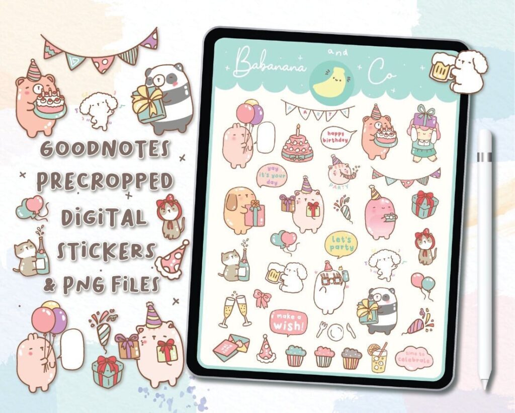 Cute Party Digital Stickers , Goodnotes Stickers , Cute Hand Draw ...