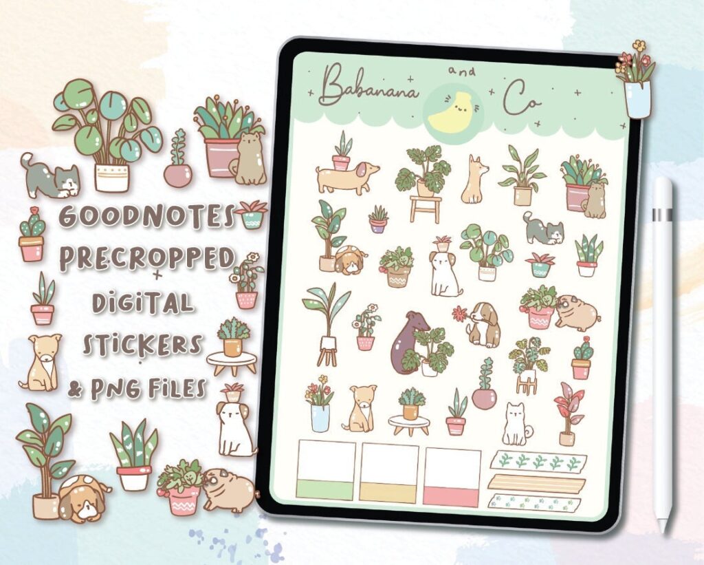 Dogs And Plants digital stickers , Goodnotes Stickers , Cute Hand Draw ...