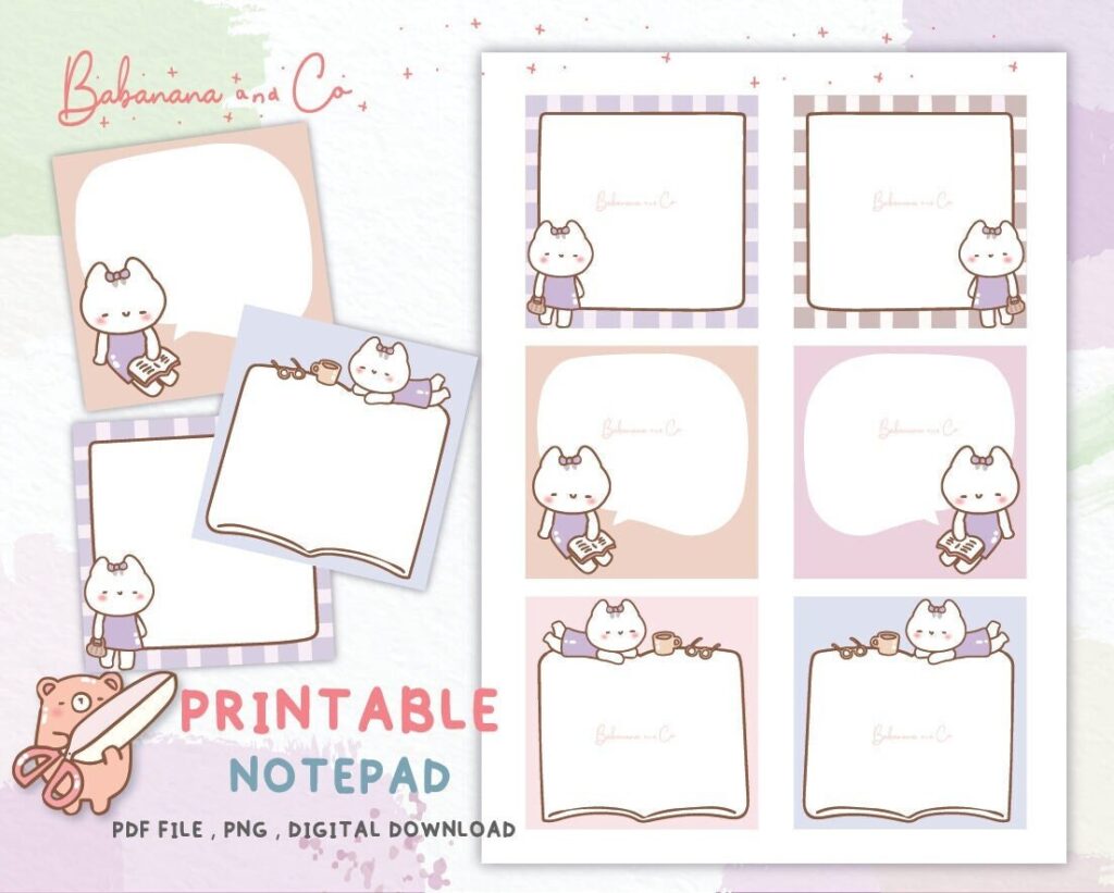 Cat Memo Note Pad Printable,Note Pad Digital Download,Cute Printable ...