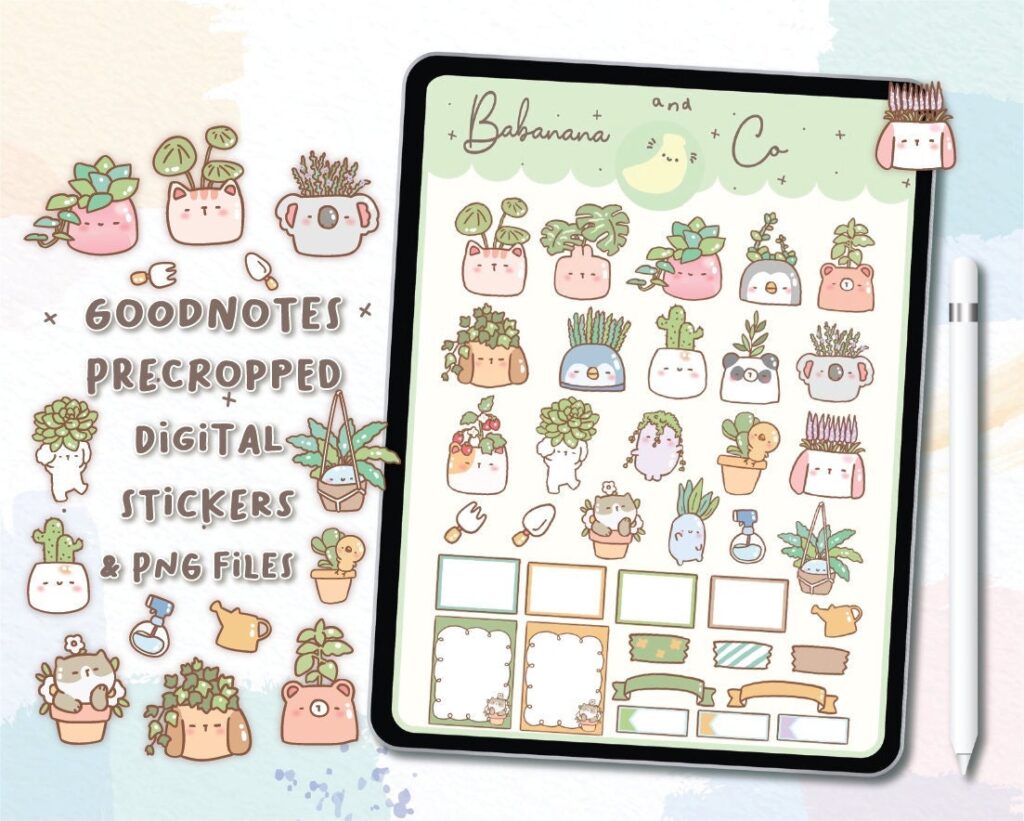 Plants Pots digital stickers , Goodnotes Stickers , Cute Hand Draw ...
