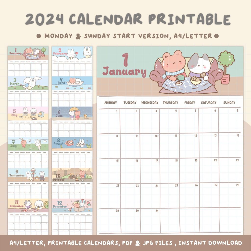 2024 Monthly Planner Printable, 2024 Calendar, Month At a Glance, A4 ...