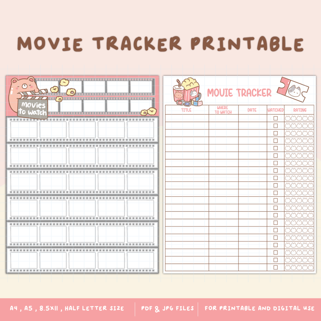 Movie Log | Movie List | Movie tracker printable | Movie watchlist ...